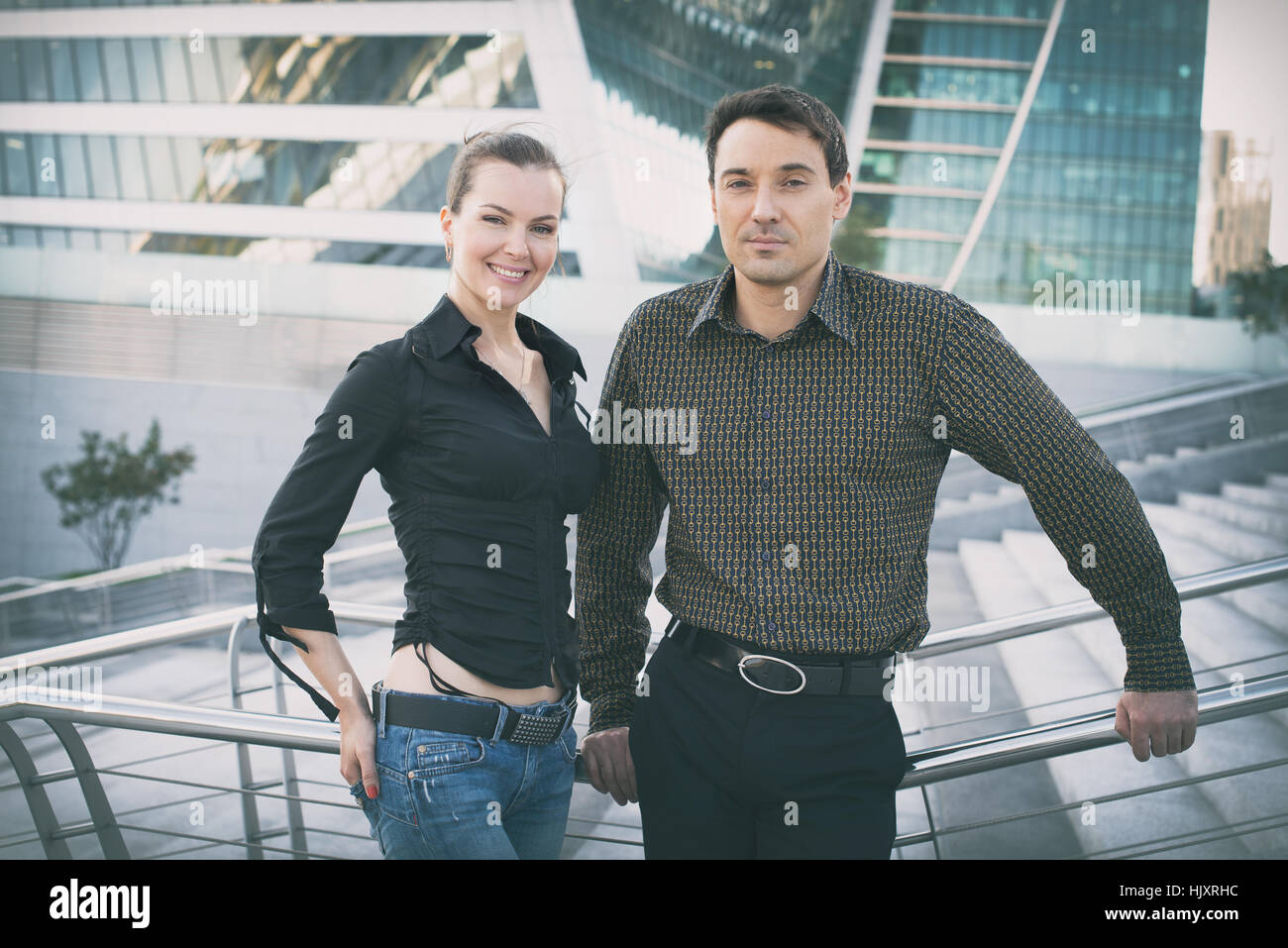 portrait of happy two people outdoor. Businessman and woman Stock Photo ...