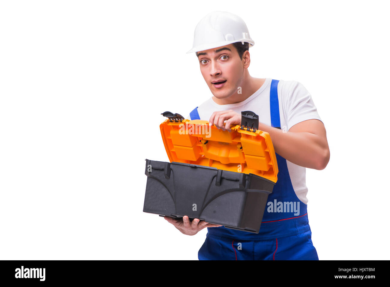 Man with toolbox isolated on white Stock Photo - Alamy