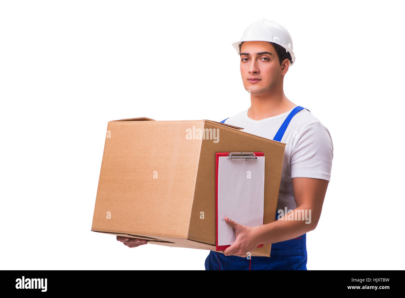 Man delivering box isolated on white Stock Photo - Alamy