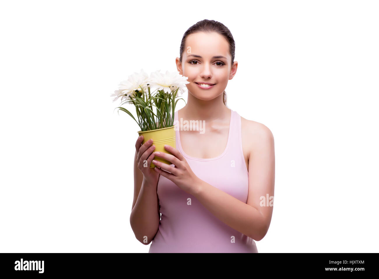 Young woman with flower pot isolated on white Stock Photo - Alamy