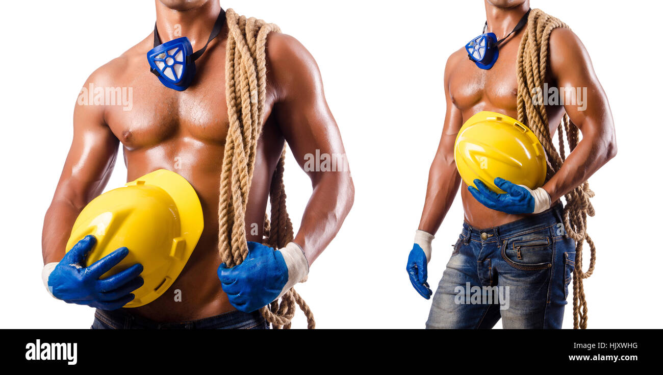 Muscular builder with tools isolated on white Stock Photo - Alamy
