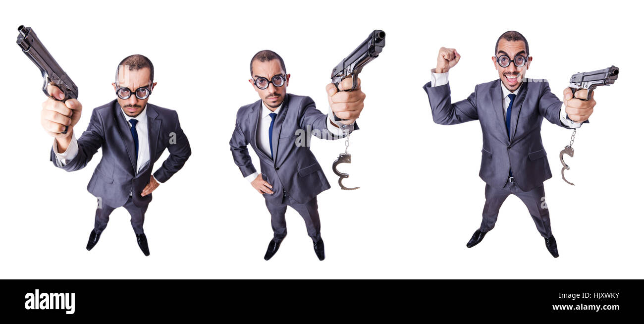 Funny man with gun isolated on white Stock Photo - Alamy