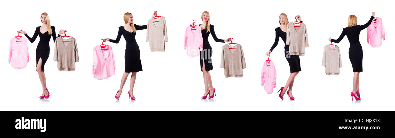Woman trying to choose dress on white Stock Photo - Alamy
