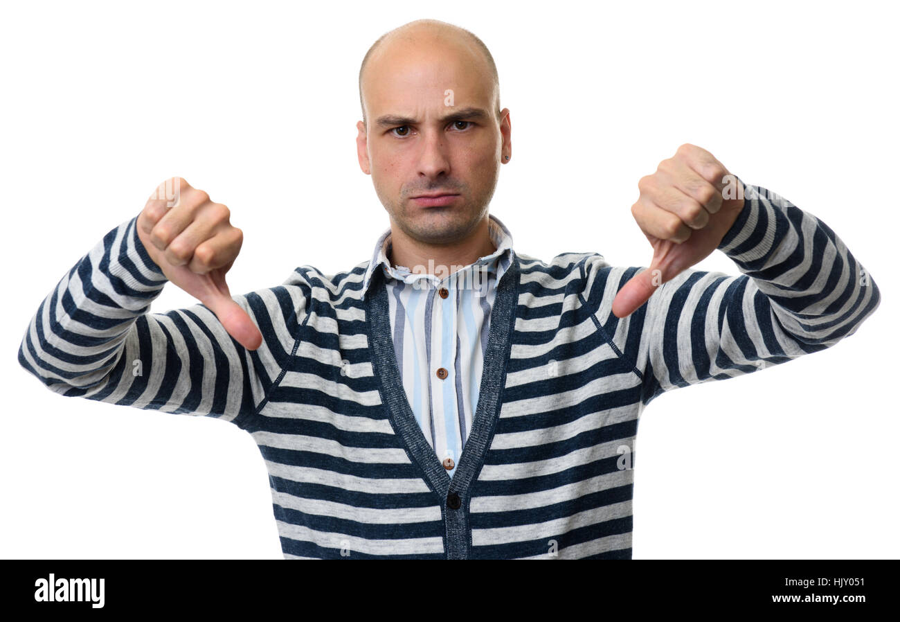 angry bald man gerture thumbs down. Isolated on white background Stock ...