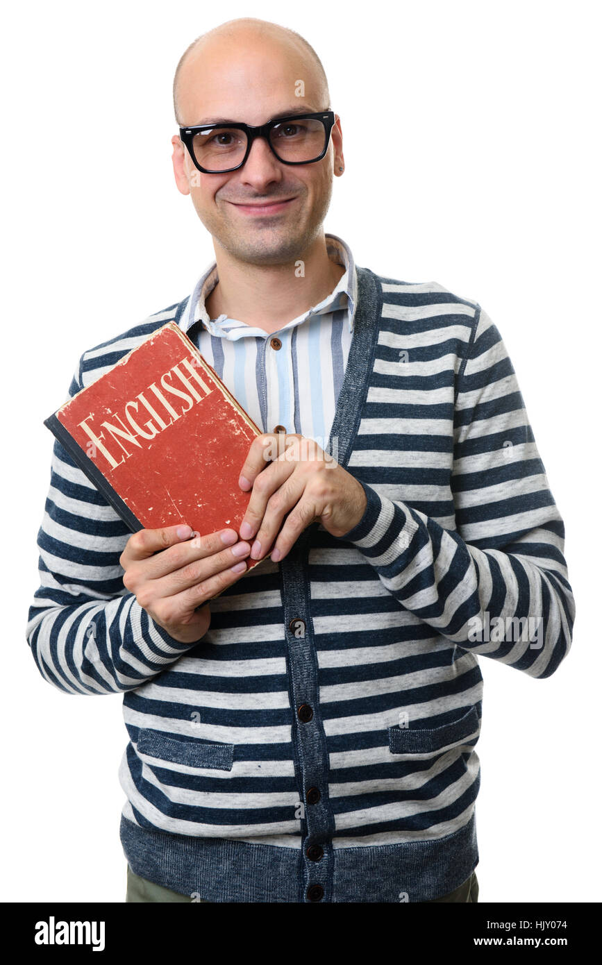 smiling guy learning english language isolated on white background ...