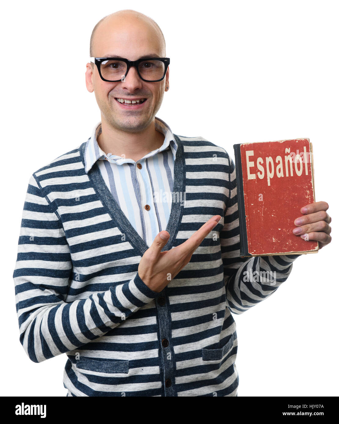 handsome guy holds a textbook. learning spanish concept. Isolated on ...
