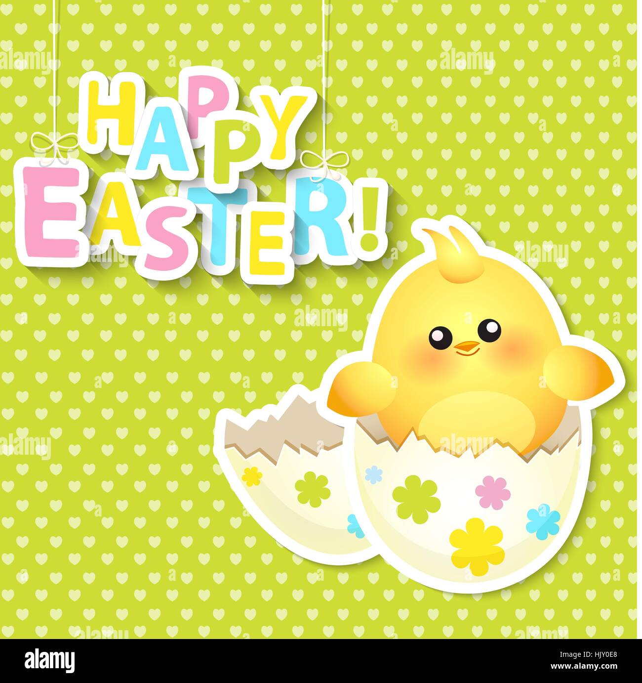 Happy Easter Greeting Card with Cartoon Egg and chicken on the colorful ...