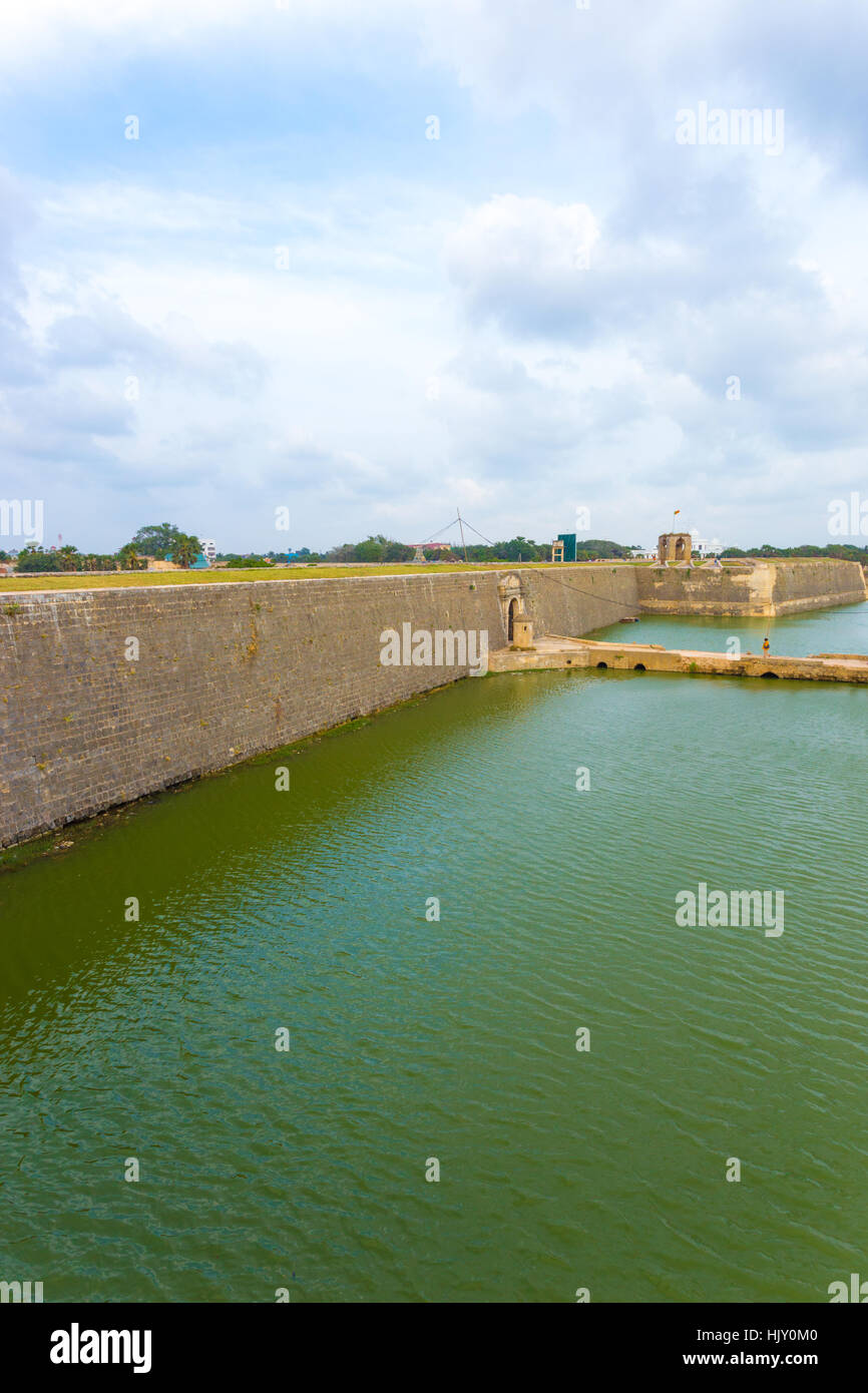 Distant view of entrance and bridge over moat into Jaffna Fort in Sri ...