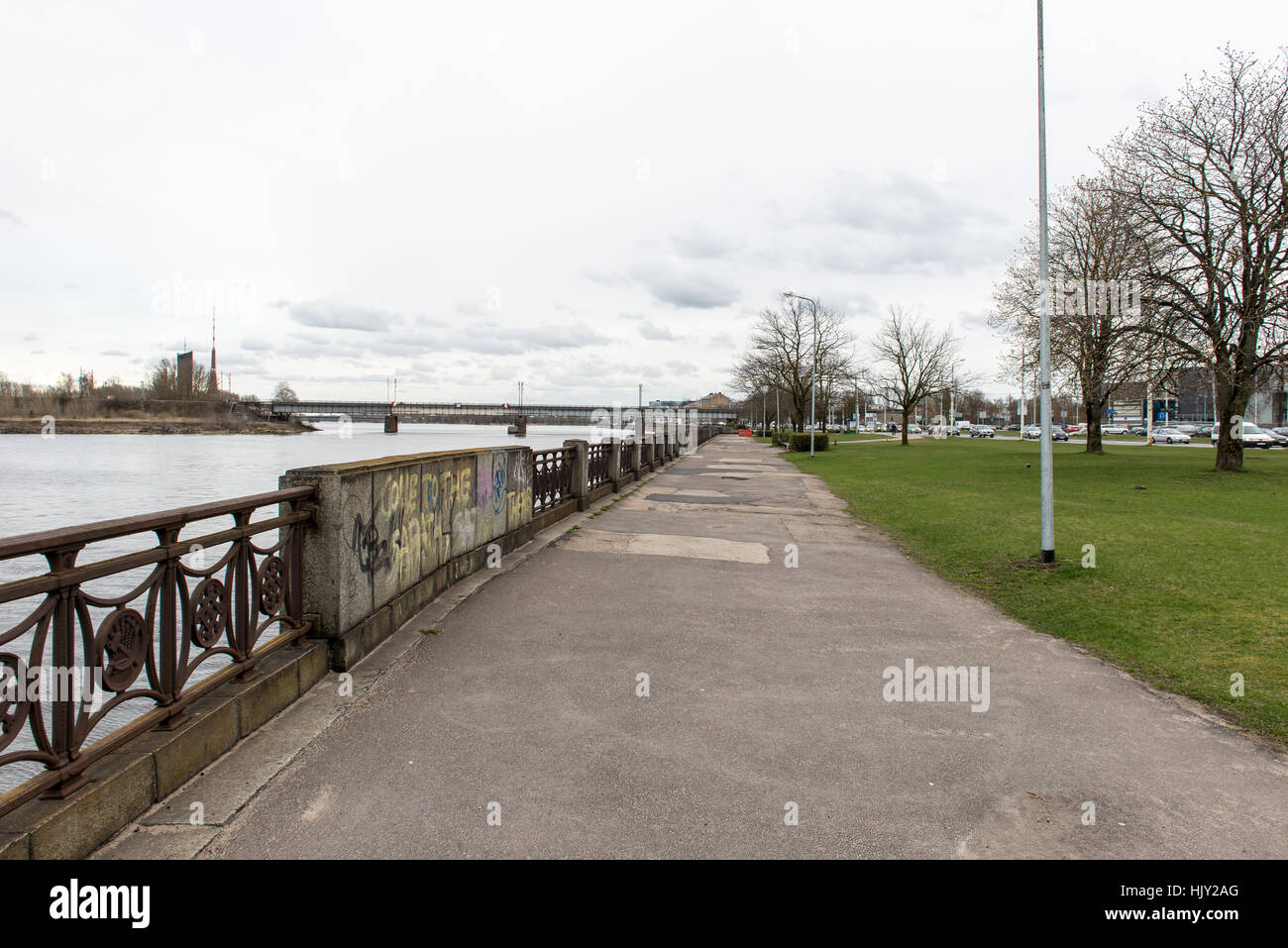 panoramic image of Riga shoreline with river Daugava and bridges, Riga ...