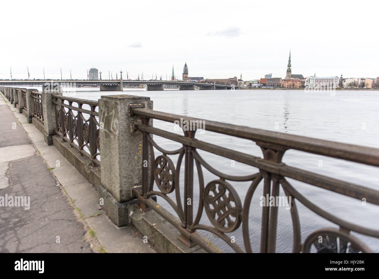 panoramic image of Riga shoreline with river Daugava and bridges, Riga ...