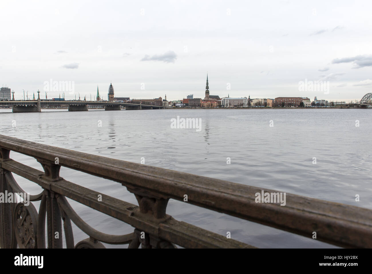 panoramic image of Riga shoreline with river Daugava and bridges, Riga ...