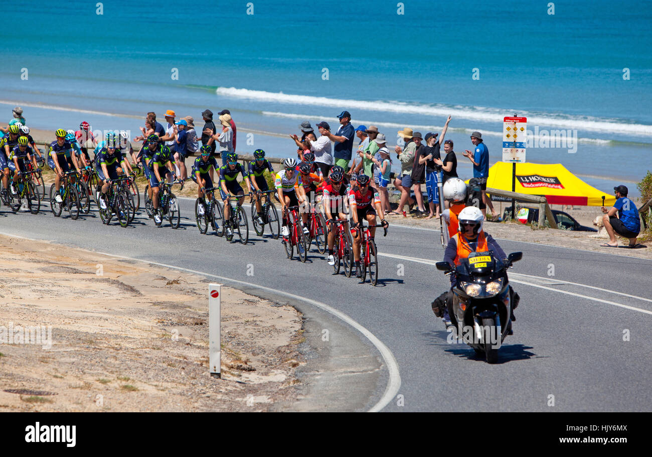 Tour Down Under TDU Santos cycling bike race pedaling crowd Aldinga ...