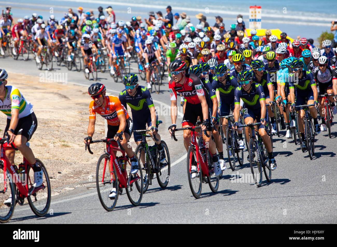 Tour Down Under TDU Santos cycling bike race pedaling crowd Aldinga ...