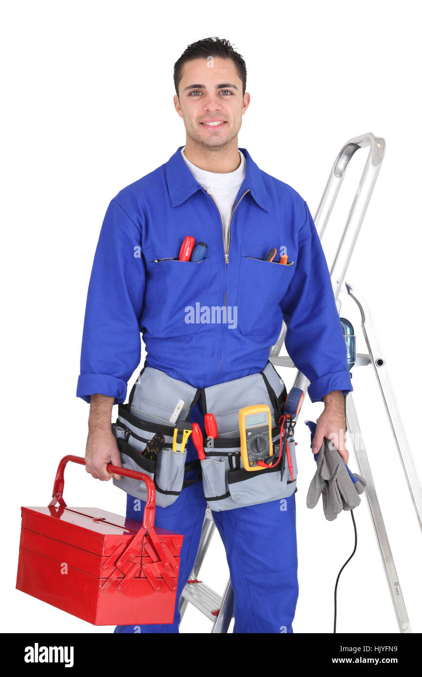 Electrician posing by his equipment Stock Photo - Alamy