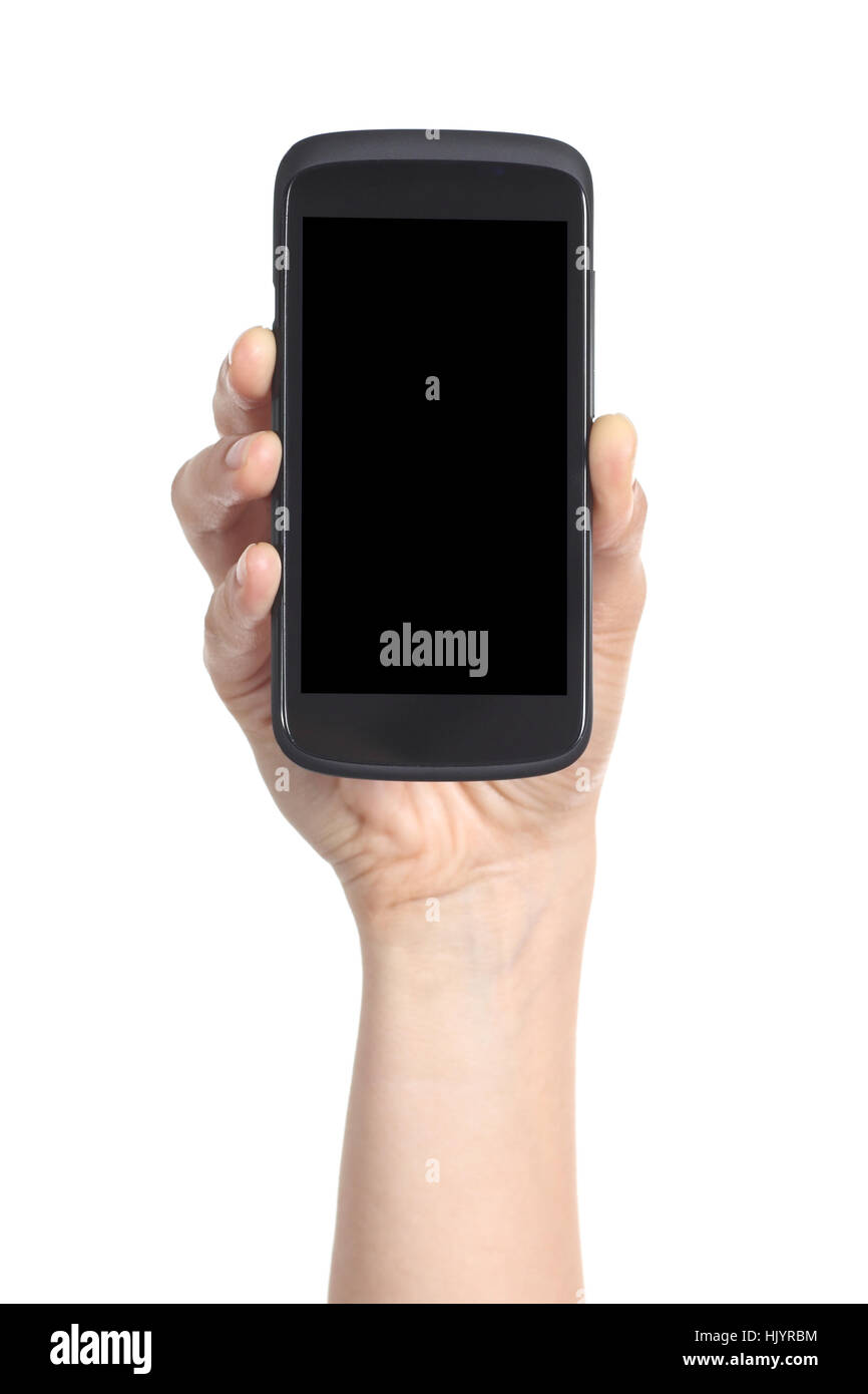 Woman hand showing a black mobile phone screen isolated on a white ...