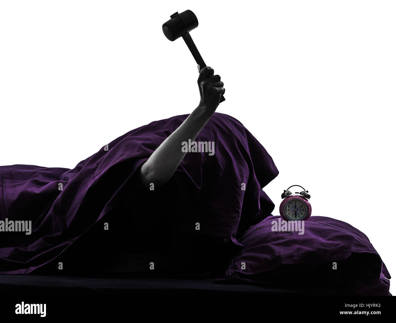 one person smashing alarm clock in bed waking up smashing alarm clock ...