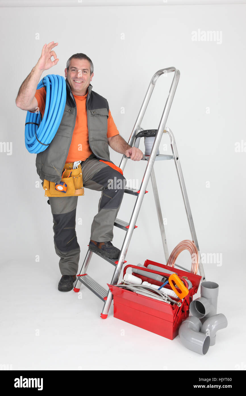 male, masculine, foot, standing, plumber, putting, plumbing, man, step ...