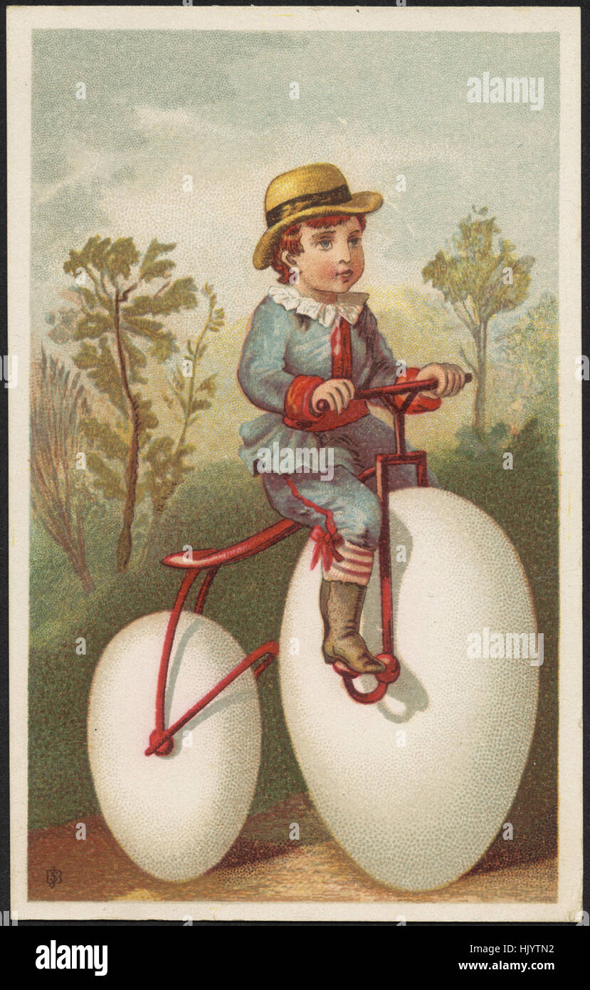 Boy riding a bicycle with eggs as a wheel Stock Photo - Alamy