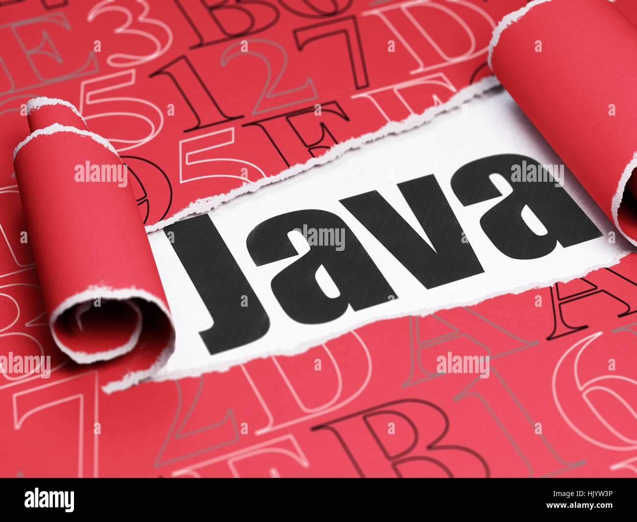 Programming concept: black text Java under the piece of torn paper ...