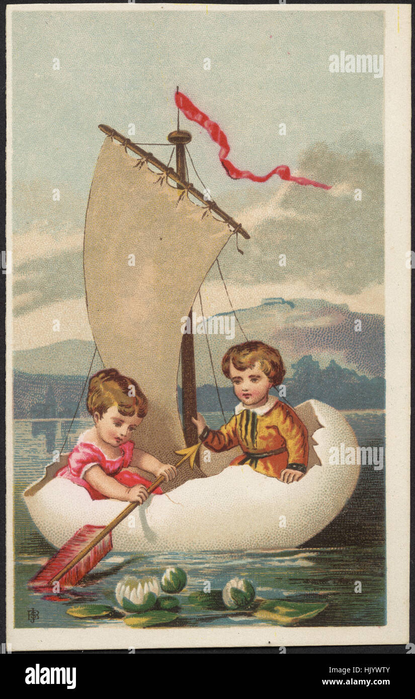 Girl and boy riding in a boat made up of an egg shell, rowing with an ...