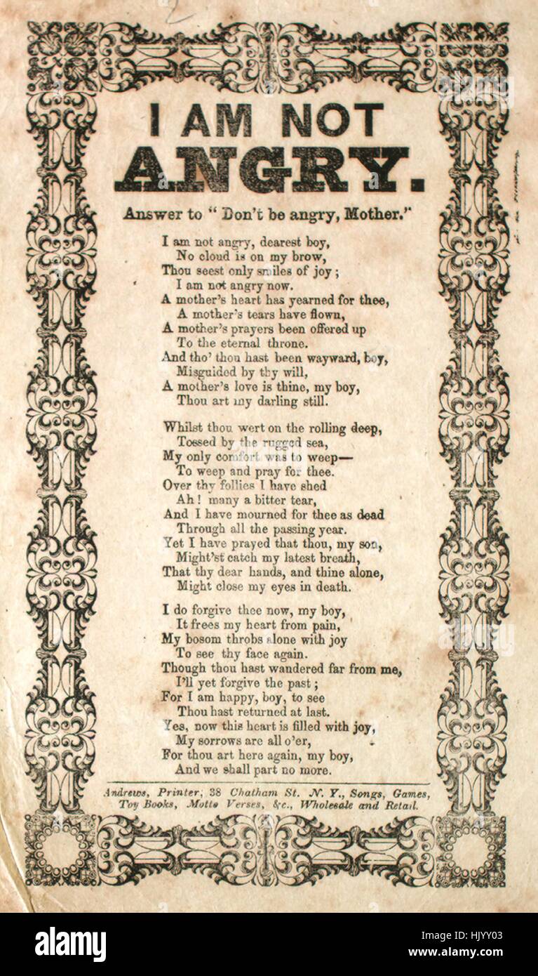 Sheet music cover image of the song 'Song Sheet I Am Not Angry Answer ...