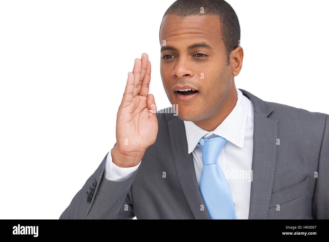 Business man calling for someone gesture on white background Stock ...