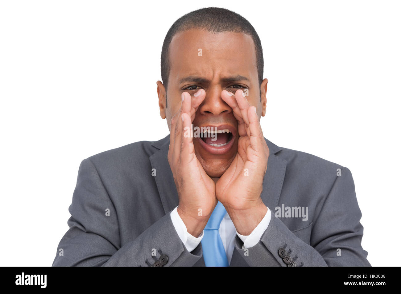 Front view of businessman calling for someone on white background Stock ...