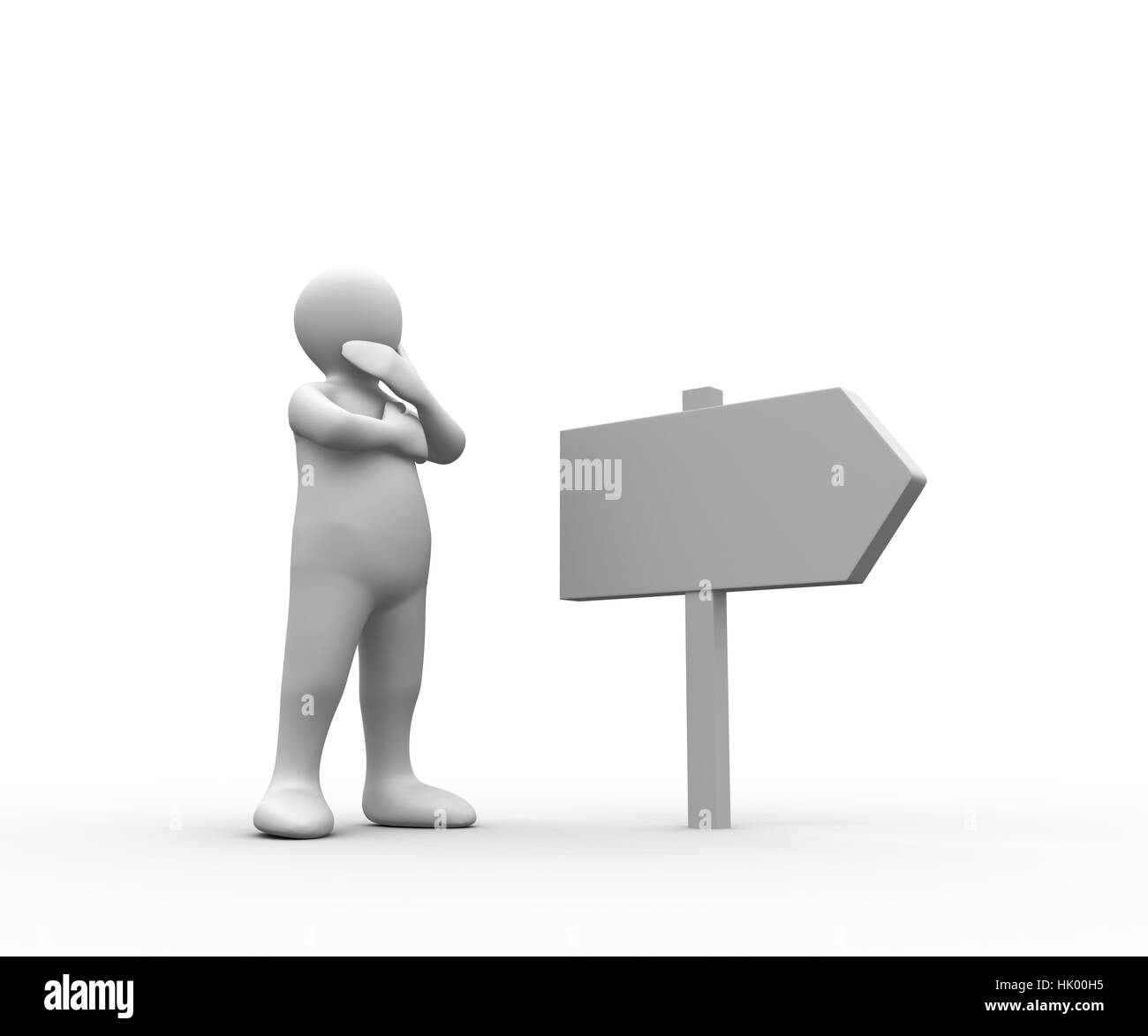 Confused white human representation looking at sign on white background ...