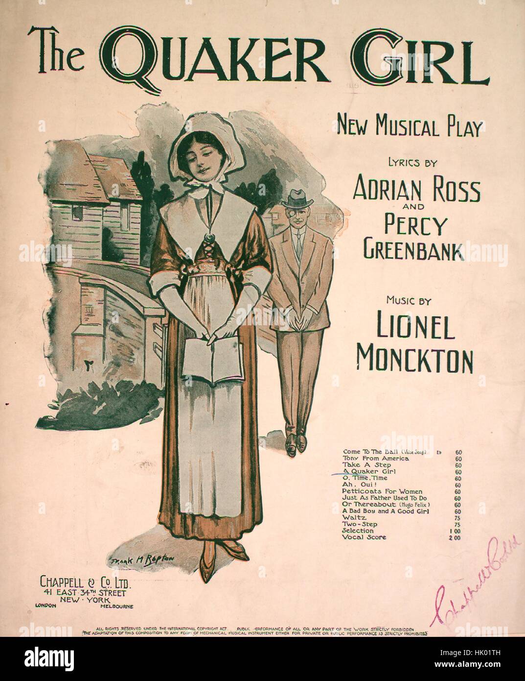 Sheet music cover image of the song 'A Quaker Girl', with original ...