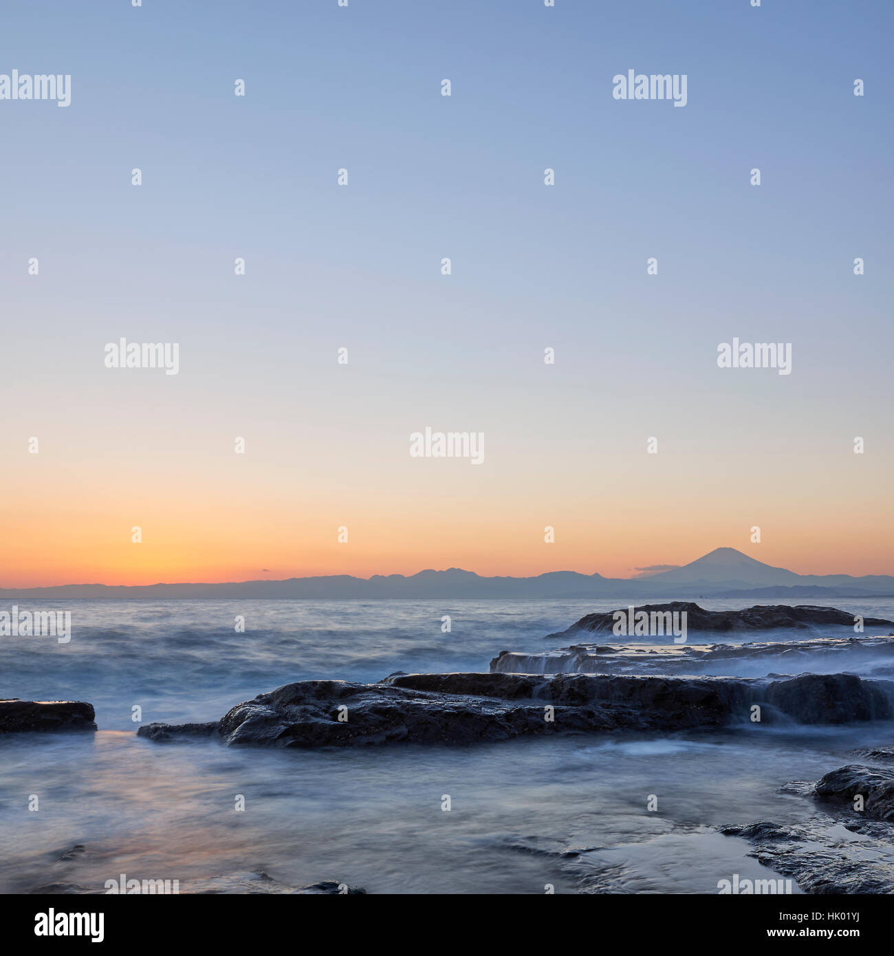 View of Mount Fuji and silky water after sunset from Enoshima, Kanagawa ...