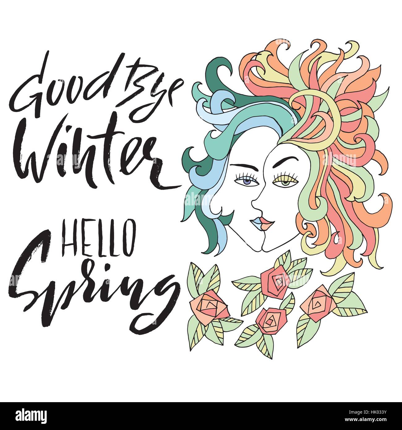 Girl with two faces and flowers. Winter and spring illustration Stock ...