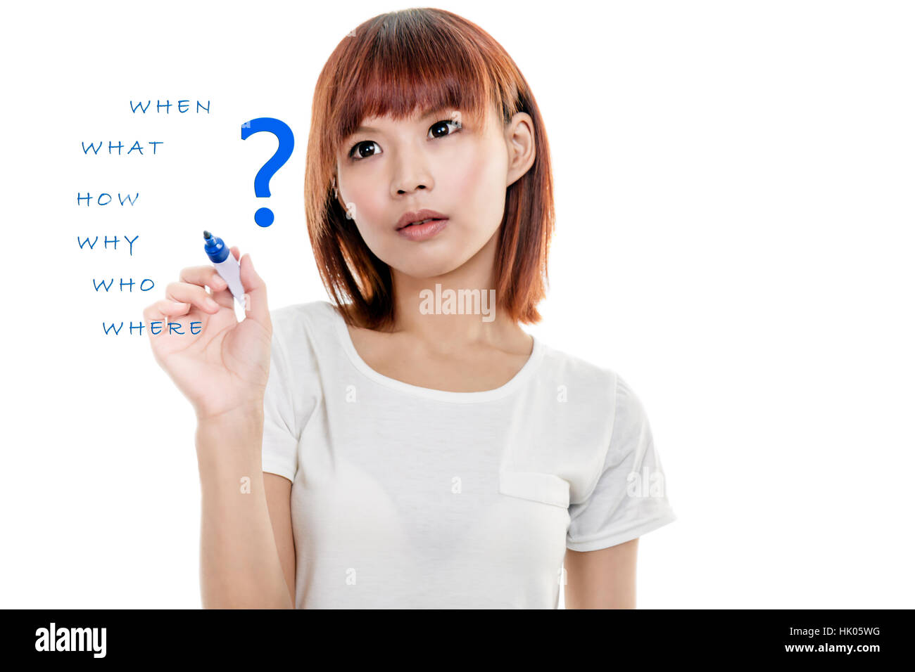 Woman touching question mark hi-res stock photography and images - Alamy