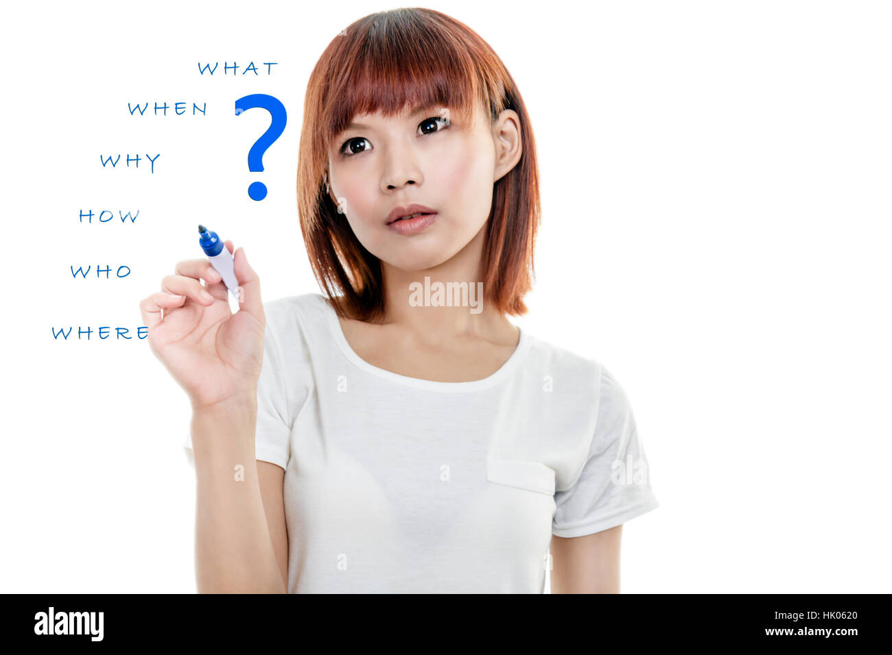 Woman touching question mark hi-res stock photography and images - Alamy