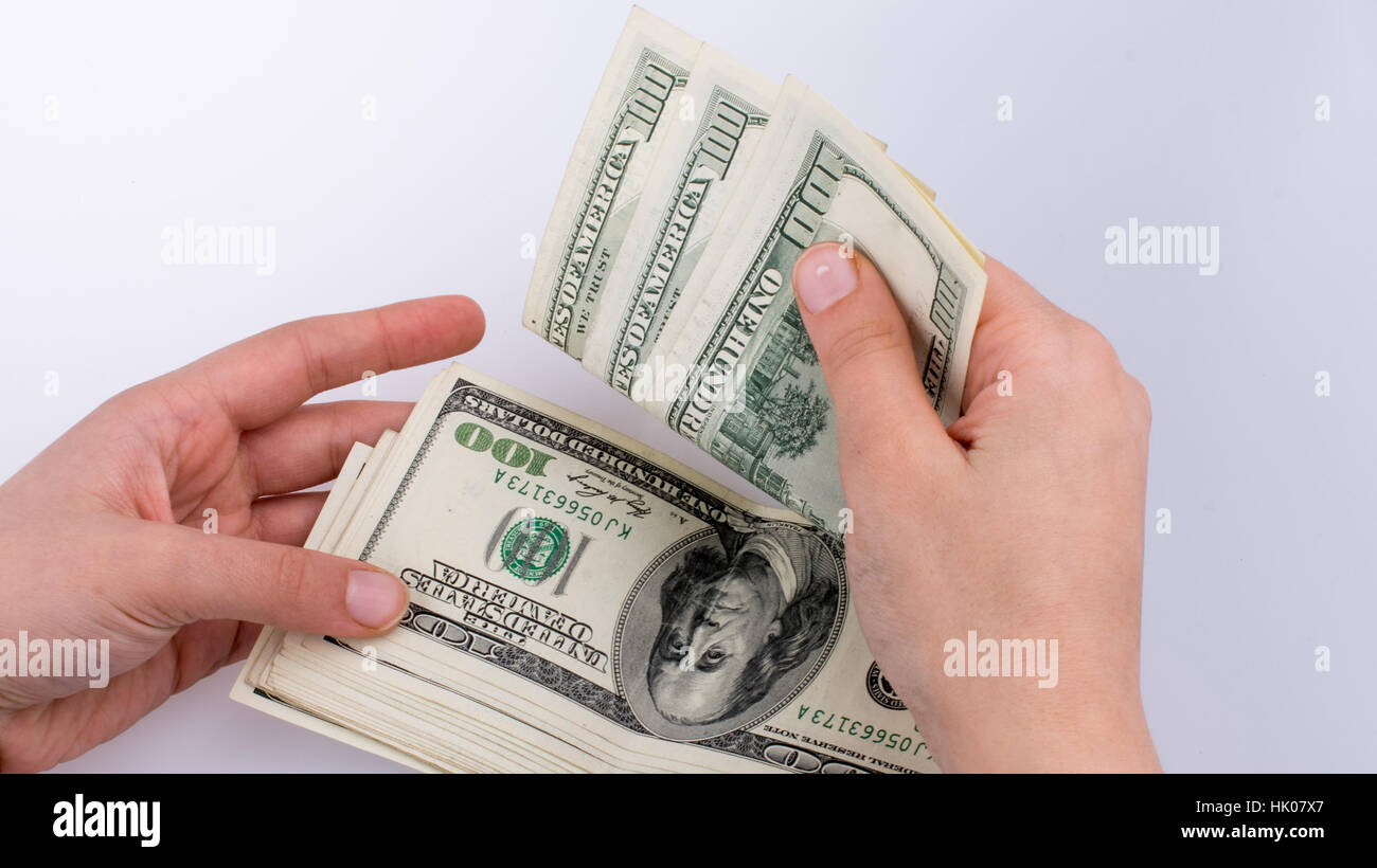Human hand holding American dollar bill as money isolated on white ...