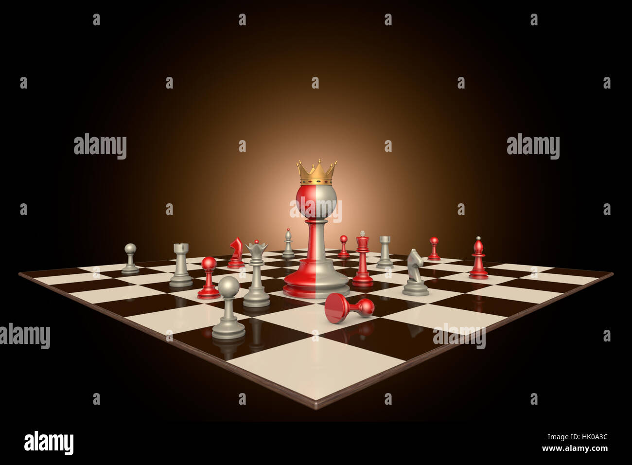 Chess pieces on a dark background art. In the center of a huge two-tone ...