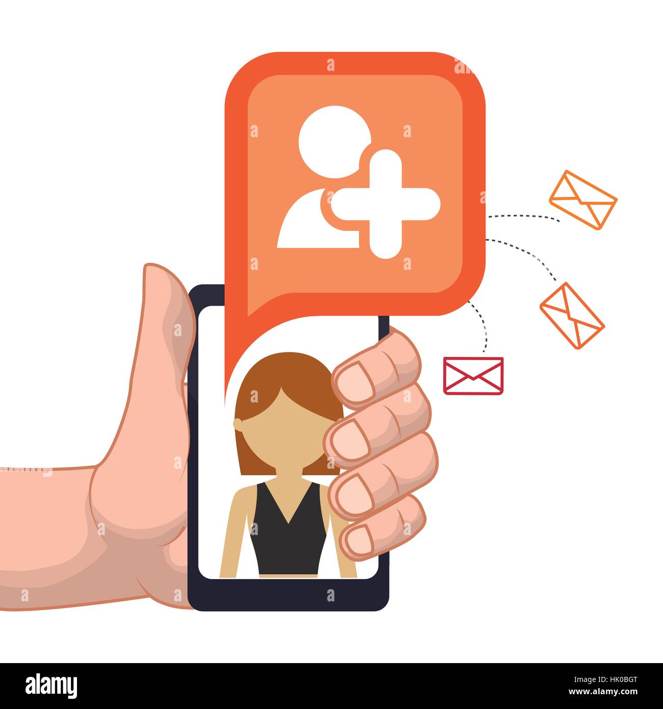hand holding smartphone add person friend contact email vector ...