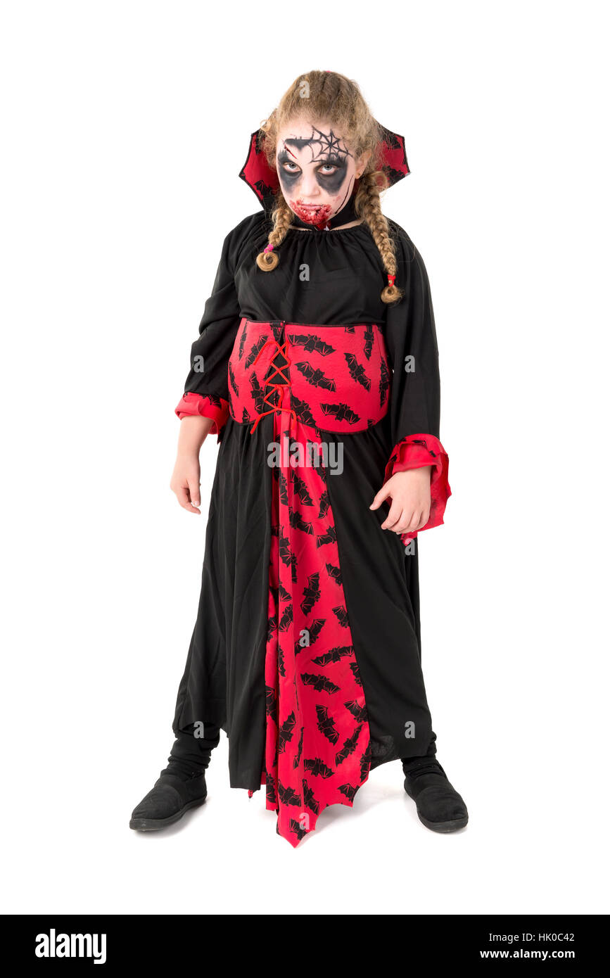 Girl with face-paint and vampire Halloween costume isolated in white ...