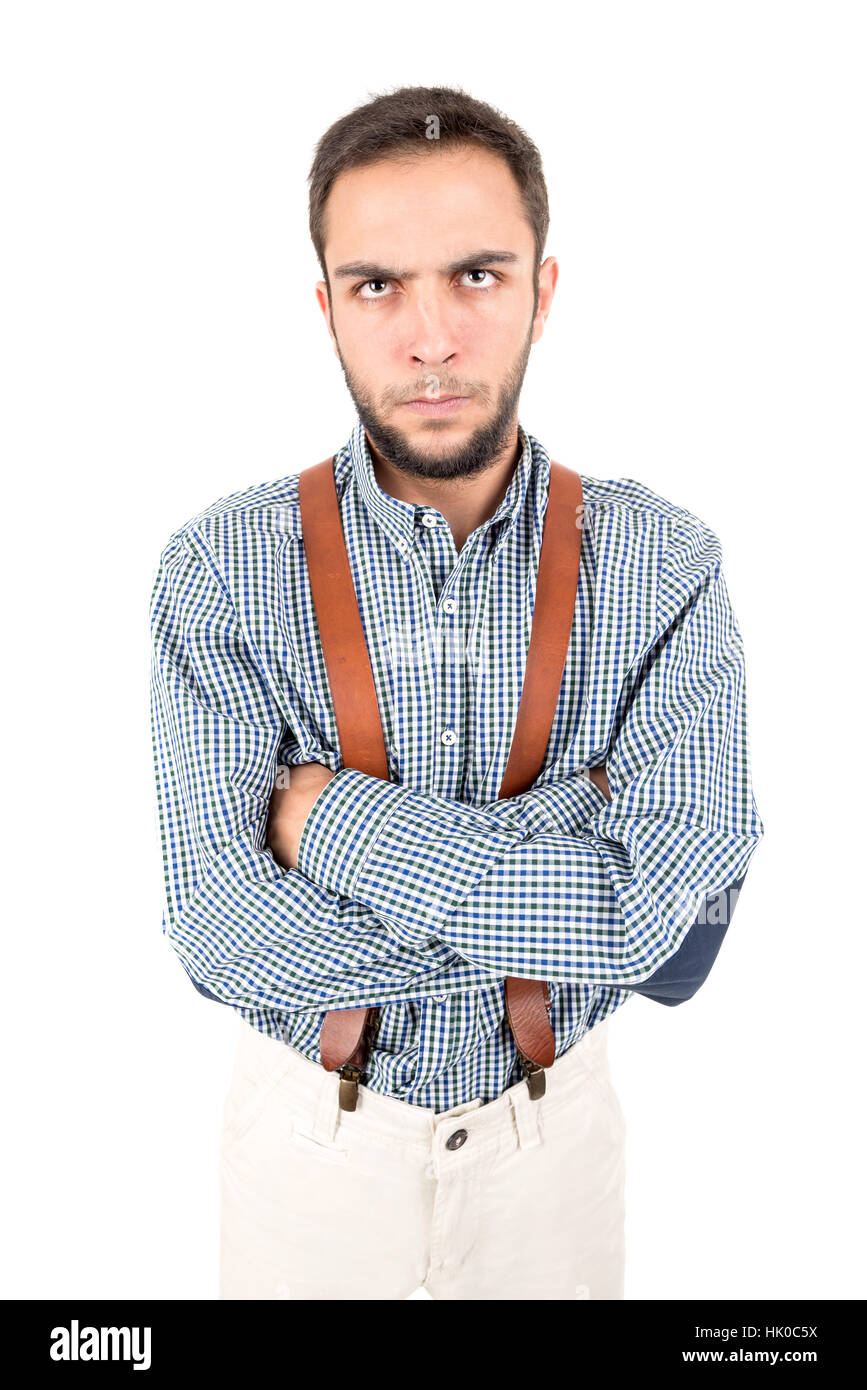 Angry nerd posing isolated in a white background Stock Photo - Alamy