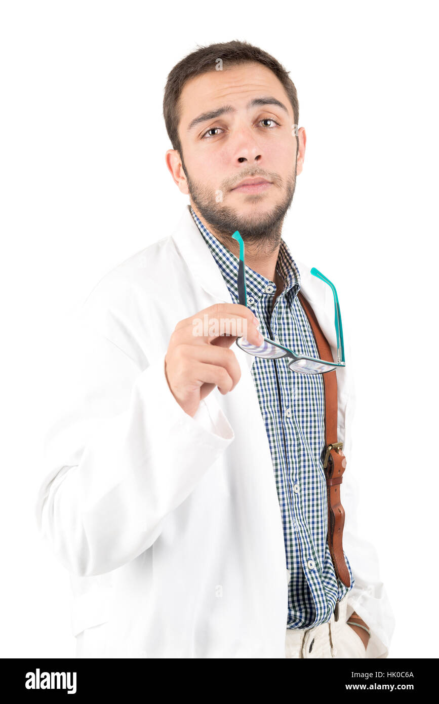 Nerd doctor posing isolated in a white background Stock Photo - Alamy