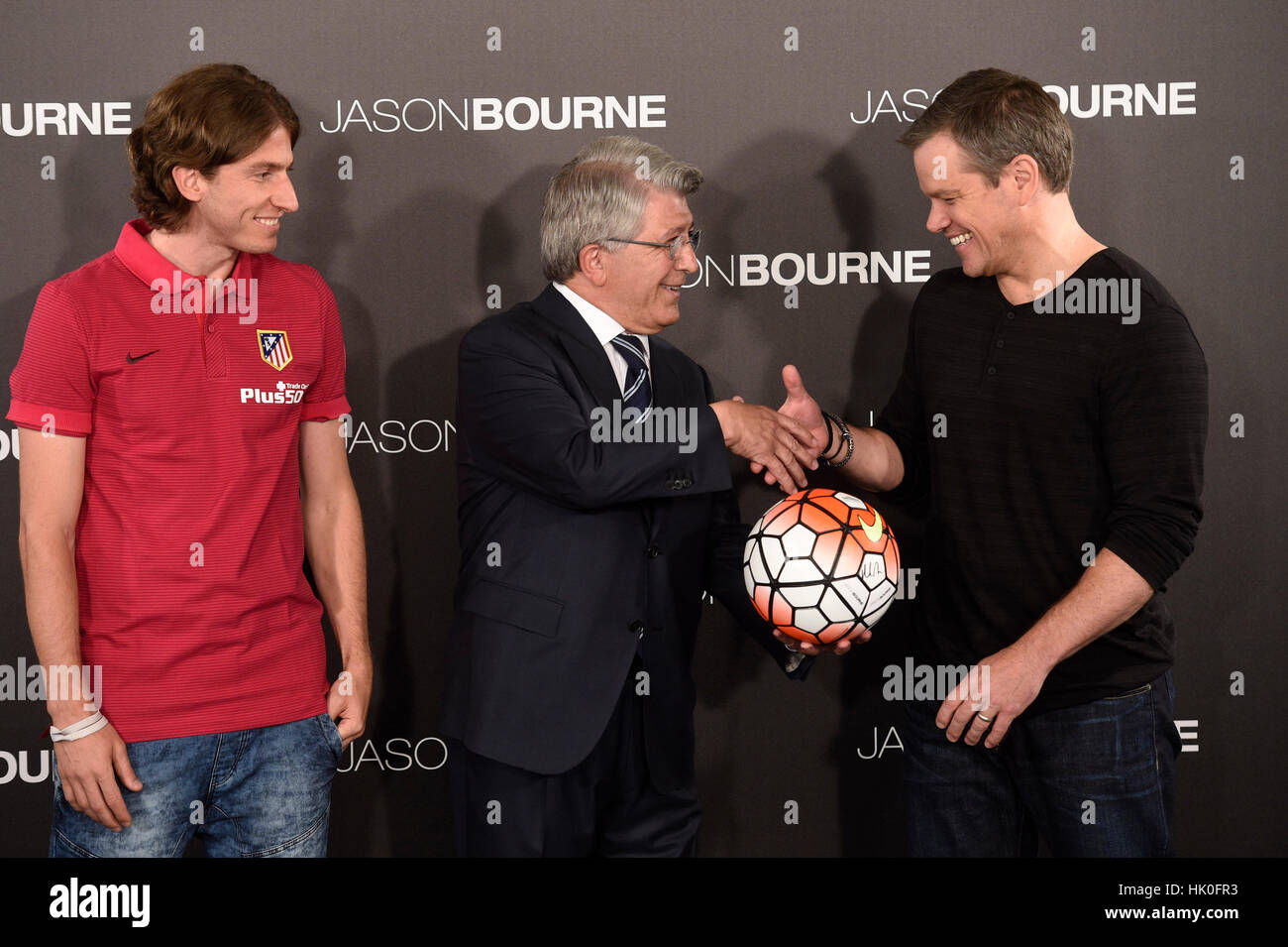 Actor Matt Damon receives shirt of Atletico Madrid Football Club in ...