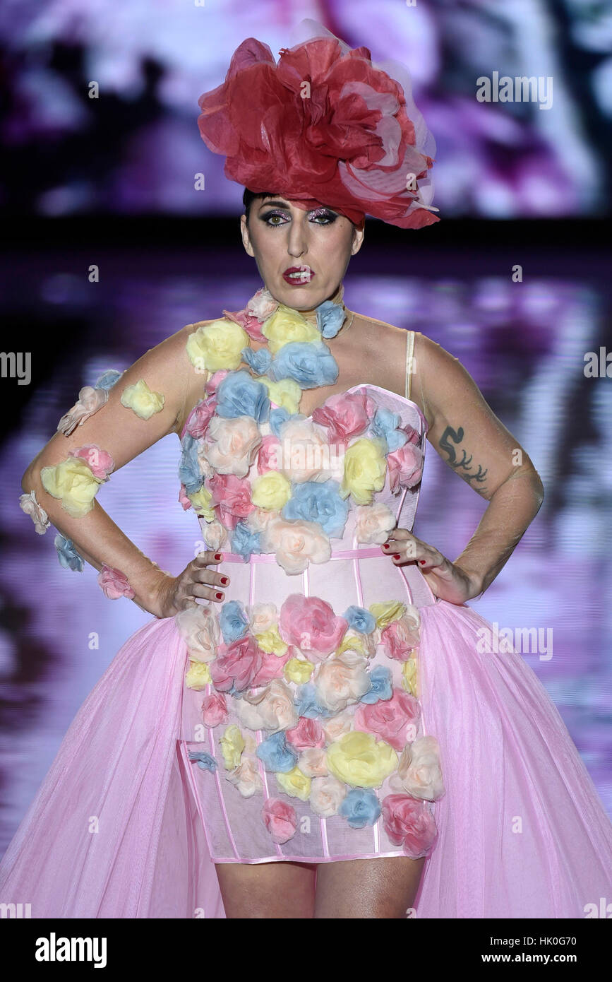 A model wears at collection runway a creation from Andres Sarda during ...