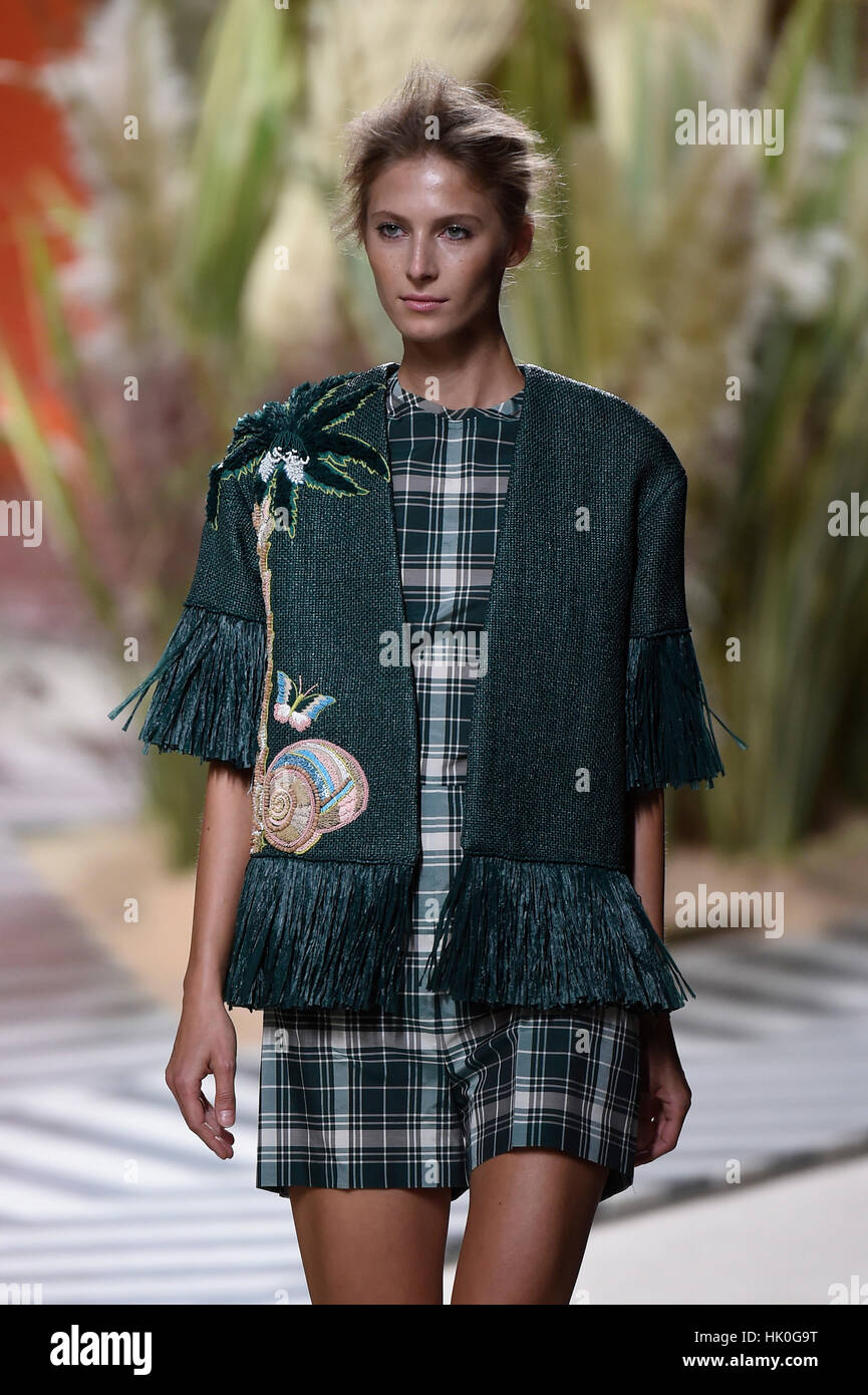 A model wears at collection runway a creation from Jorge Vazquez during ...