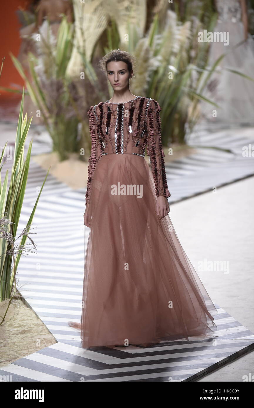A model wears at collection runway a creation from Jorge Vazquez during ...