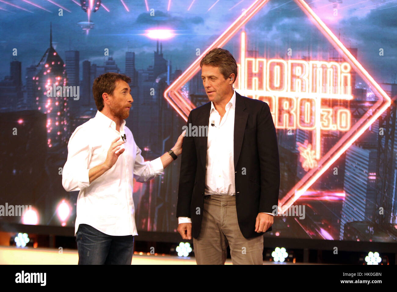 Actor Hugh Grant and presenter Pablo Motos during a visit to the TV ...