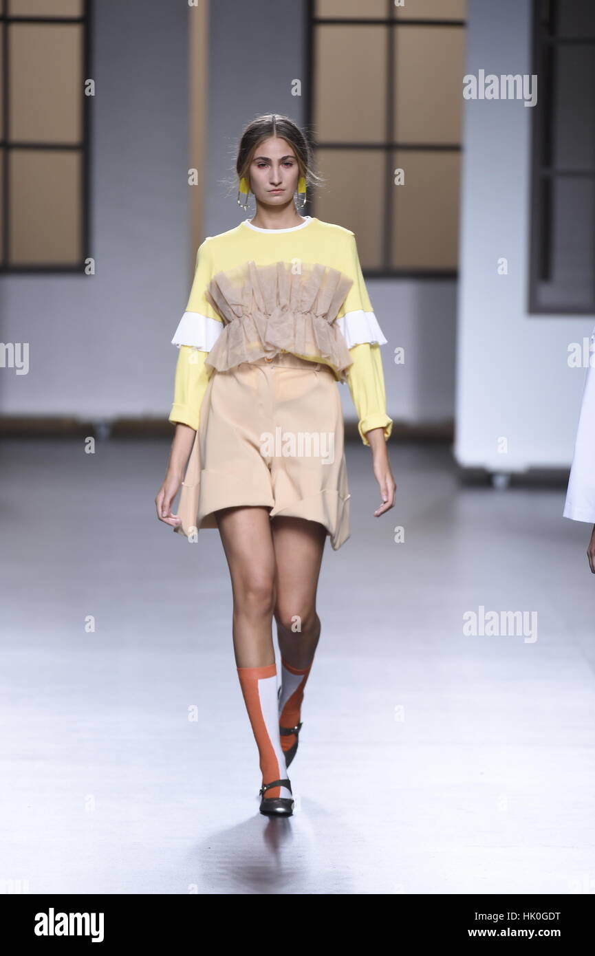 A model wears at collection runway a creation from Habey during Samsung ...