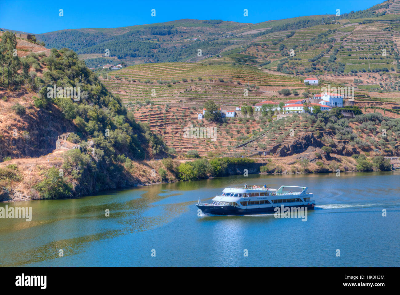 Tourist boat, vineyards and the Douro River, Alto Douro Wine Valley ...
