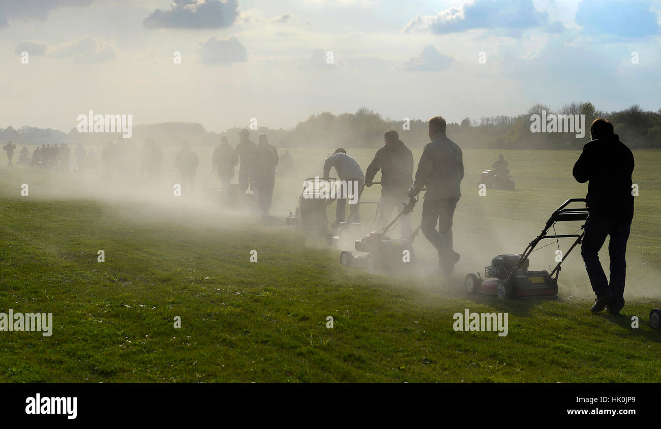 France, collective mowing of the runway of the air base of Saint ...