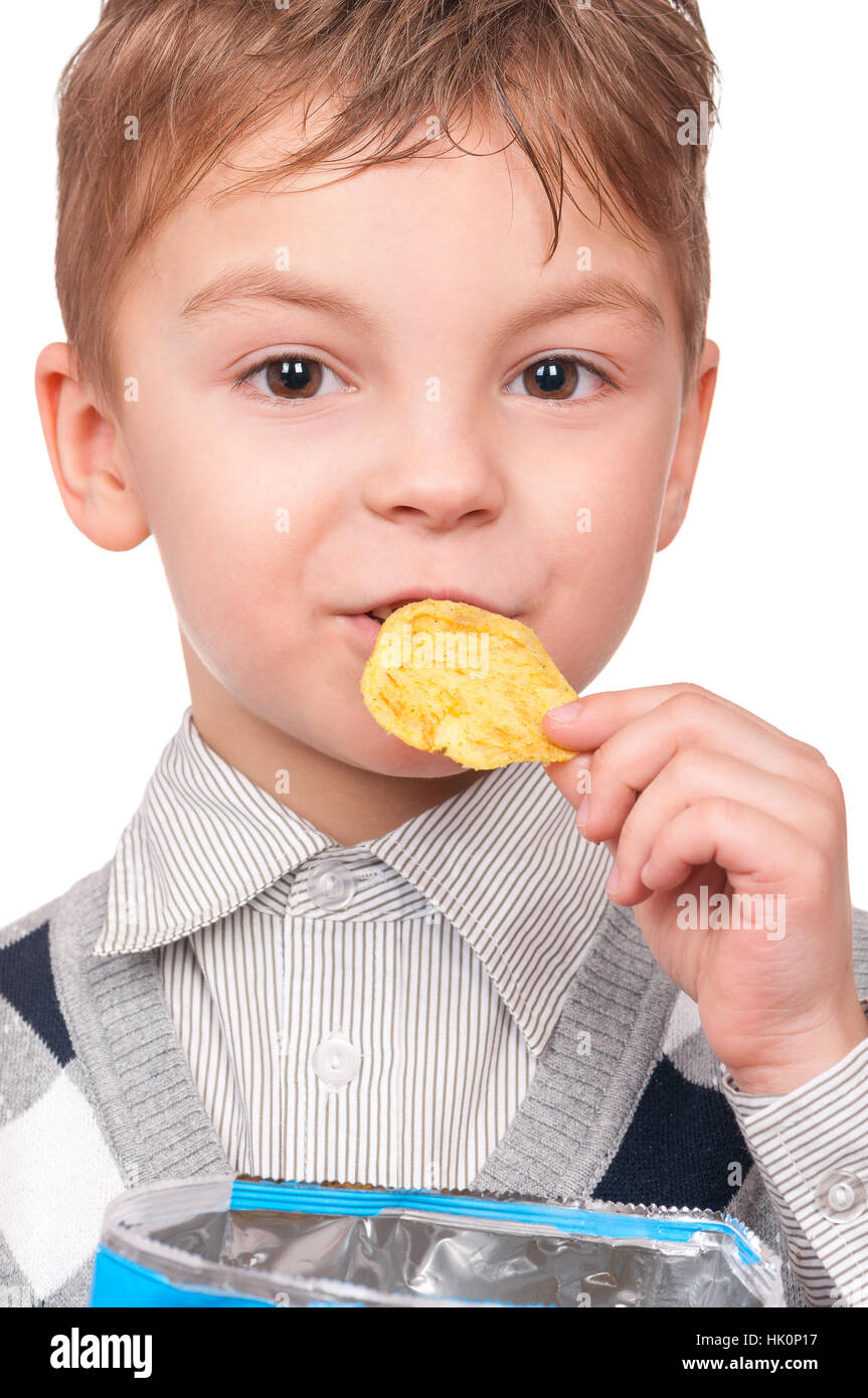 Little boy with packet potato chips Stock Photo - Alamy