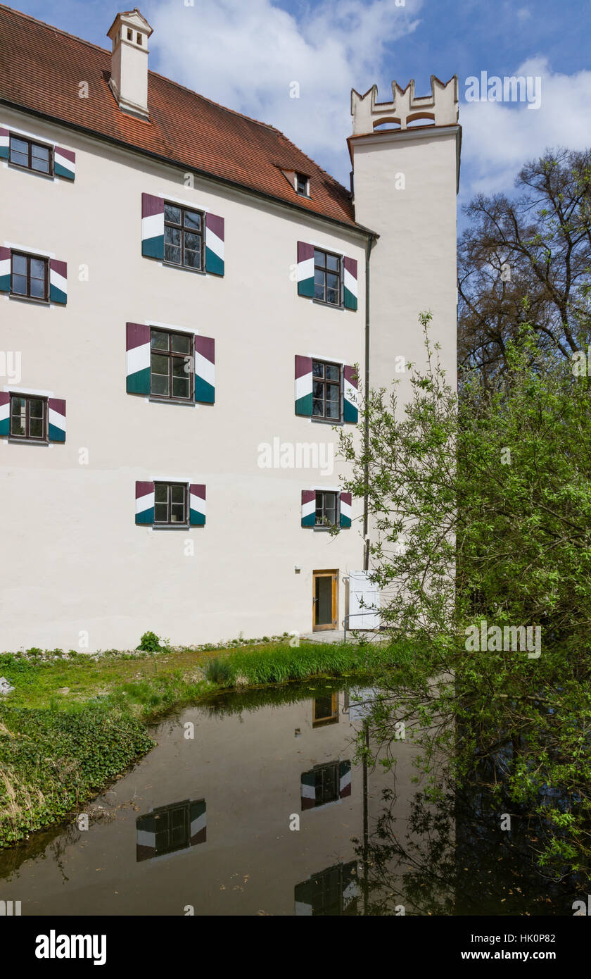 bavaria, medieval, castle, reflected, moat, chateau, tower, coloured ...