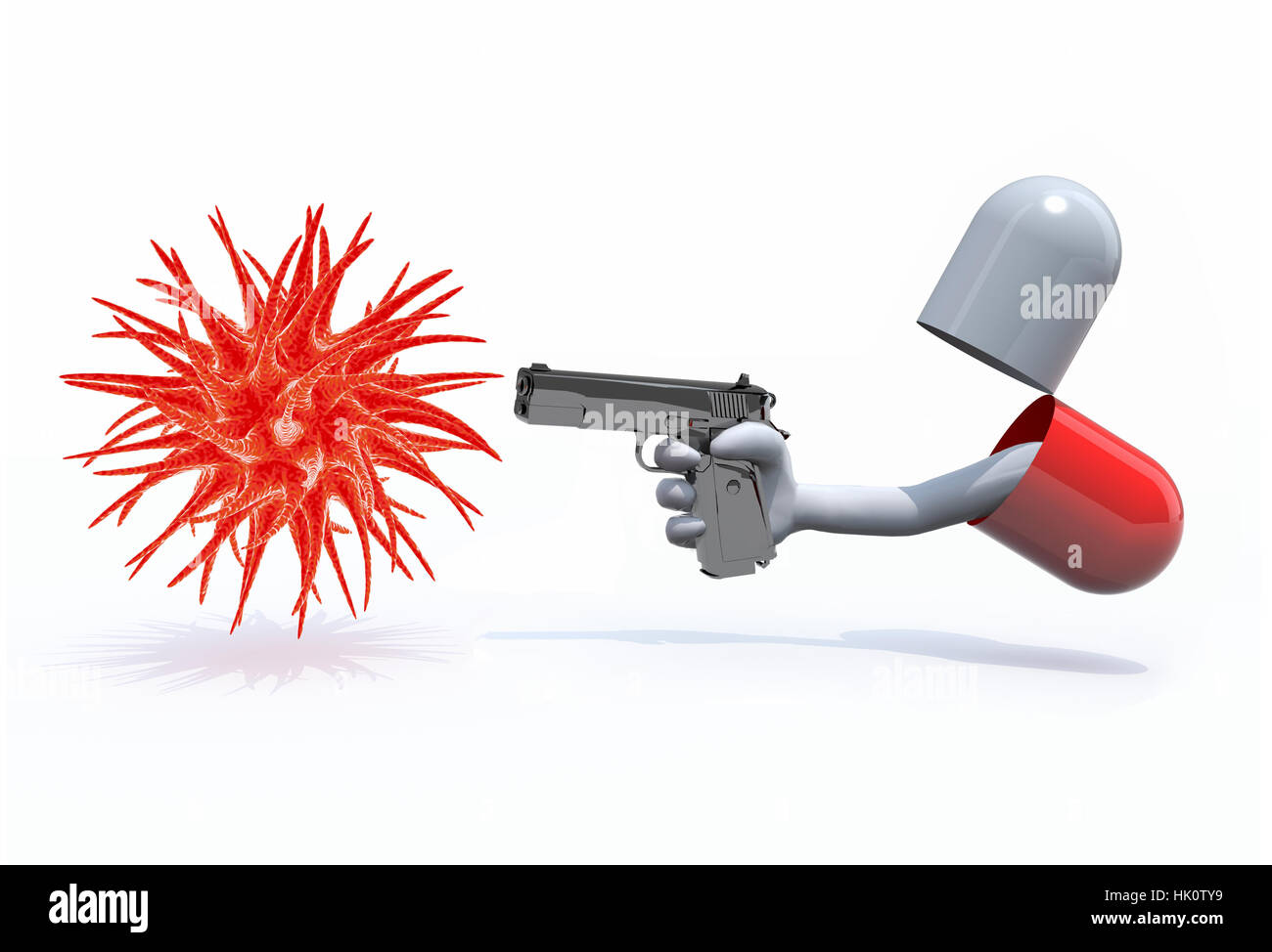 pill with a hand gun emerging out and virus, isolated 3d illustration ...